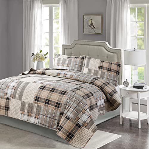 CHESITY King Size Quilt Set - Plaid & Stripe Bedding Sets, 3-Piece Brown Bedspread Sets, Reversible Lightweight, Grid Coverlet, Patchwork Soft Quilt for Bed (96" x 108")