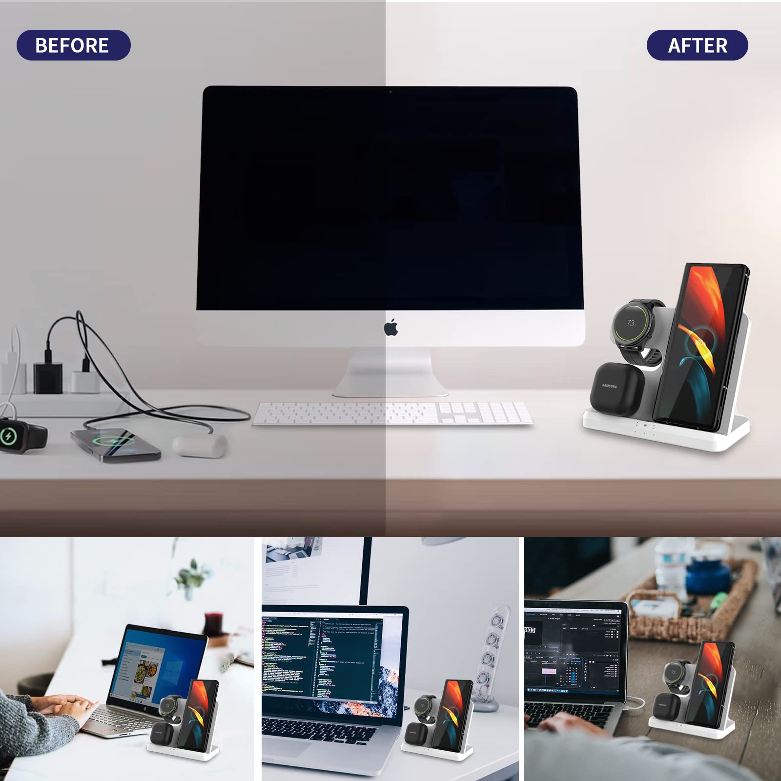 Wireless Charger for Samsung Charging Station 3 in 1 Fast Charger Phone Stand Dock for Galaxy S23 S22 S22+ S21 S20 Ultra/Note20/Z Flip Fold 4 3 2, Buds/2/Pro/Live, for Galaxy Watch 5 Pro/4/3