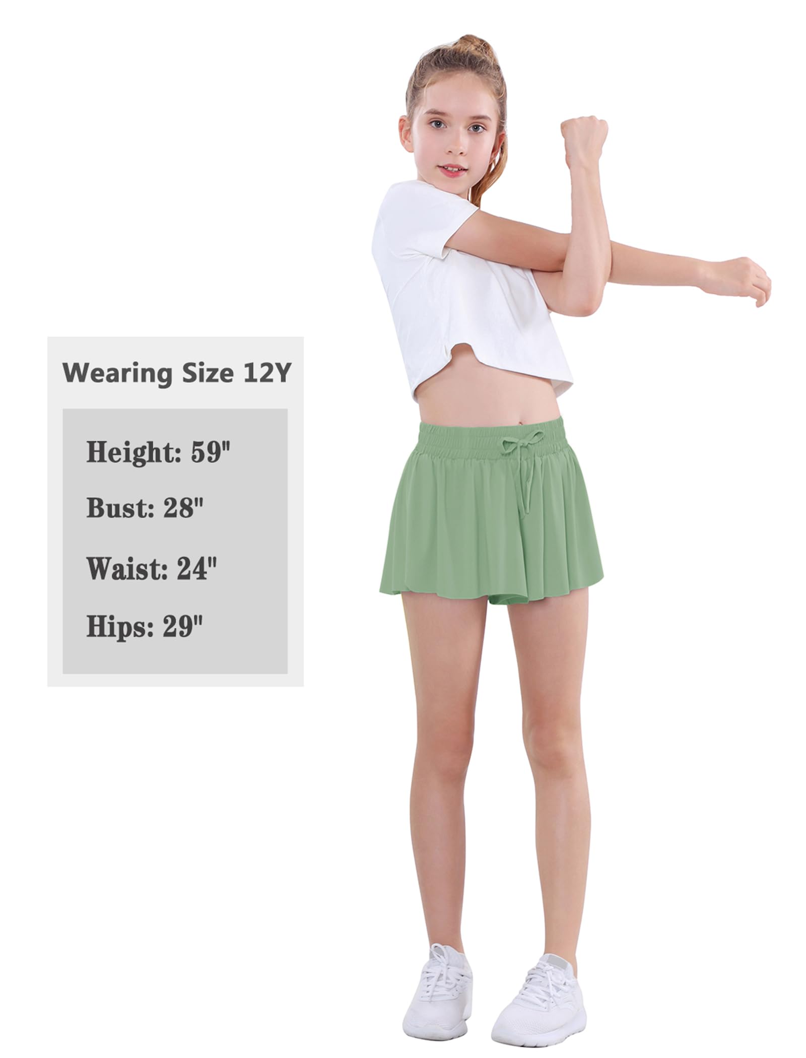 EXARUS 3 Pack Girls Butterfly Shorts Flowy Athletic Dance Cheer Running 2 in 1 Preppy Tennis Flutter Gym Kids Activewear Green Blue Orange 8Y