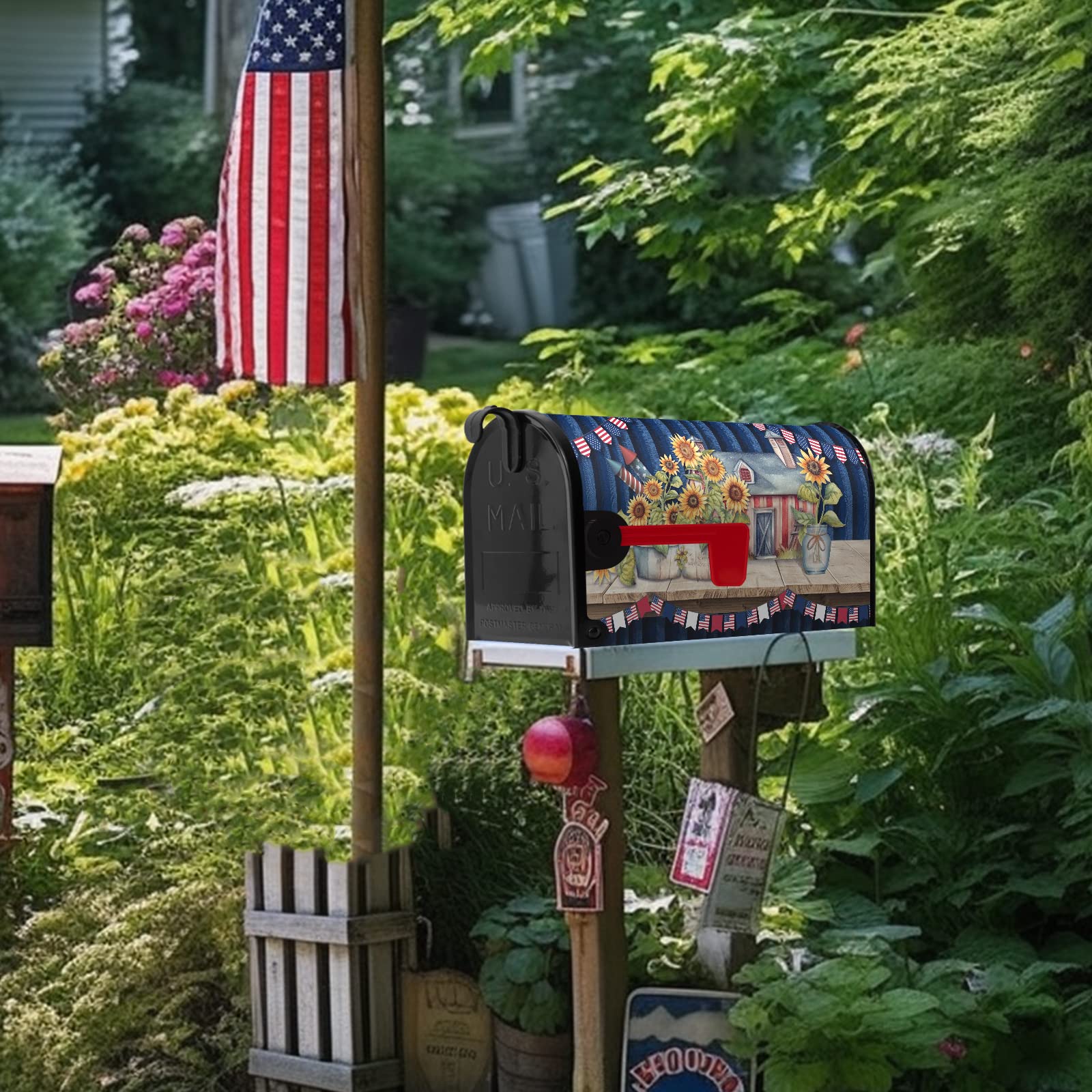 Dacawin Summer Sunflower Magnetic Mailbox Covers Blue Floral Patriotic American Flag Mailbox Post Cover July 4th Flower Mailbox Decor Waterproof Mailbox Wraps Standard Size 21X18 Inch