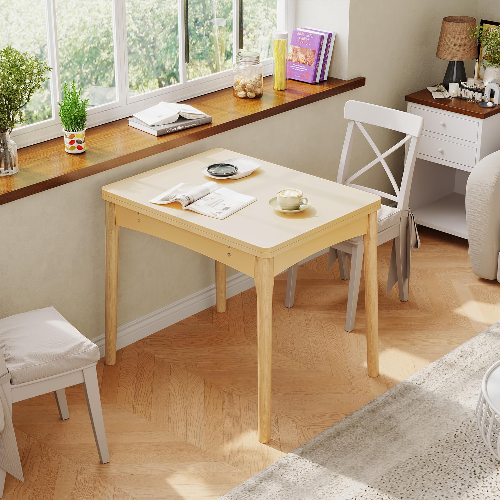 BTHFST Folding Dining Table with Hidden Storage, Modern Space Saving Dining Table with Pine Wood Legs, Clearance Foldable Table for Kitchen Living Room, Beige