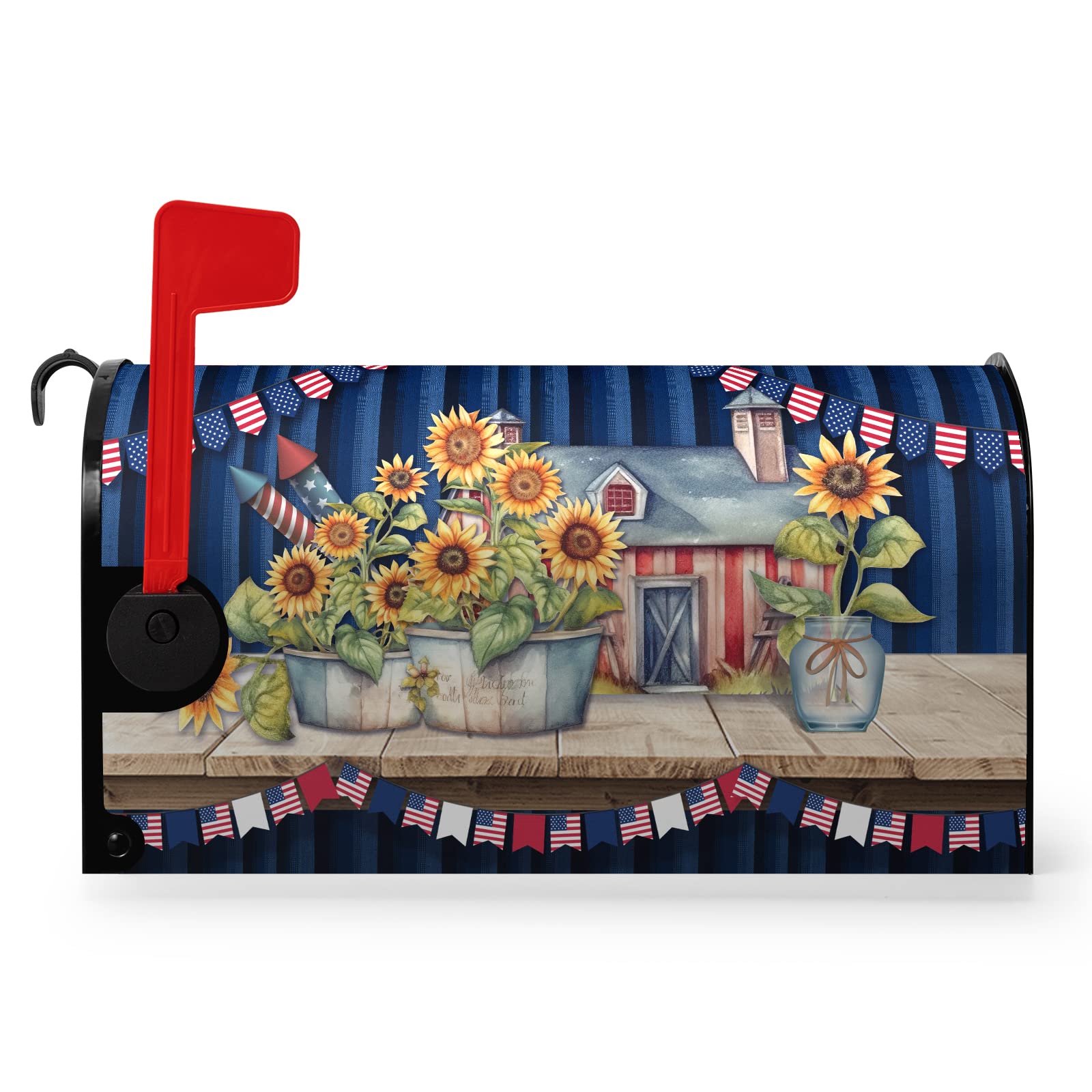Dacawin Summer Sunflower Magnetic Mailbox Covers Blue Floral Patriotic American Flag Mailbox Post Cover July 4th Flower Mailbox Decor Waterproof Mailbox Wraps Standard Size 21X18 Inch