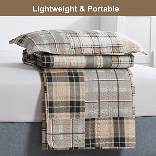 CHESITY King Size Quilt Set - Plaid & Stripe Bedding Sets, 3-Piece Brown Bedspread Sets, Reversible Lightweight, Grid Coverlet, Patchwork Soft Quilt for Bed (96" x 108")