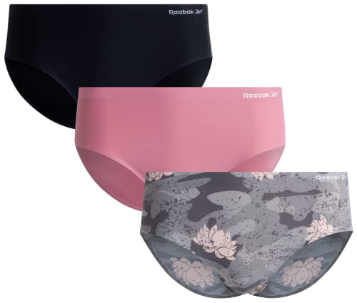Reebok Women's Hipster Panties - 3 Pack Tag Free Stretch Performance Stay-Put Seamless Underwear for Women (Sizes: S-XL), Size Small, Sharkskin/Fox Glove/Black