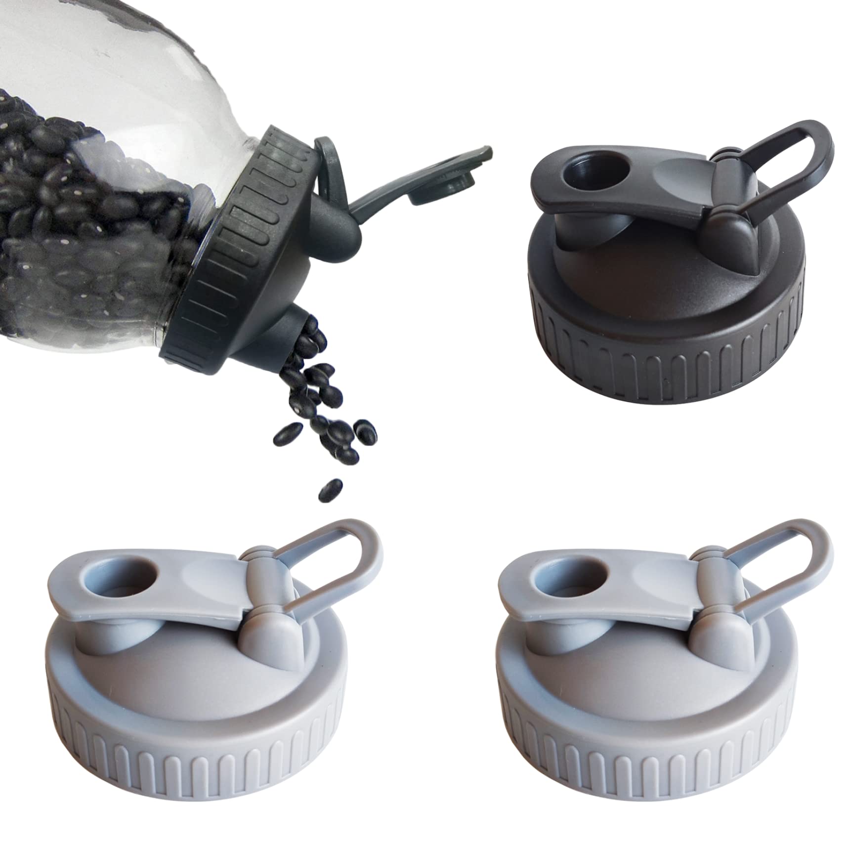 Ckuakiwu Mason Jar Lids, 4pcs 2.76inch Leak-Proof Flip Mason Jar Lid, Regular Mouth Mason Jar Pour Spout Lids, Easy Pouring Spout Lids for Kitchen (Black+Gray)
