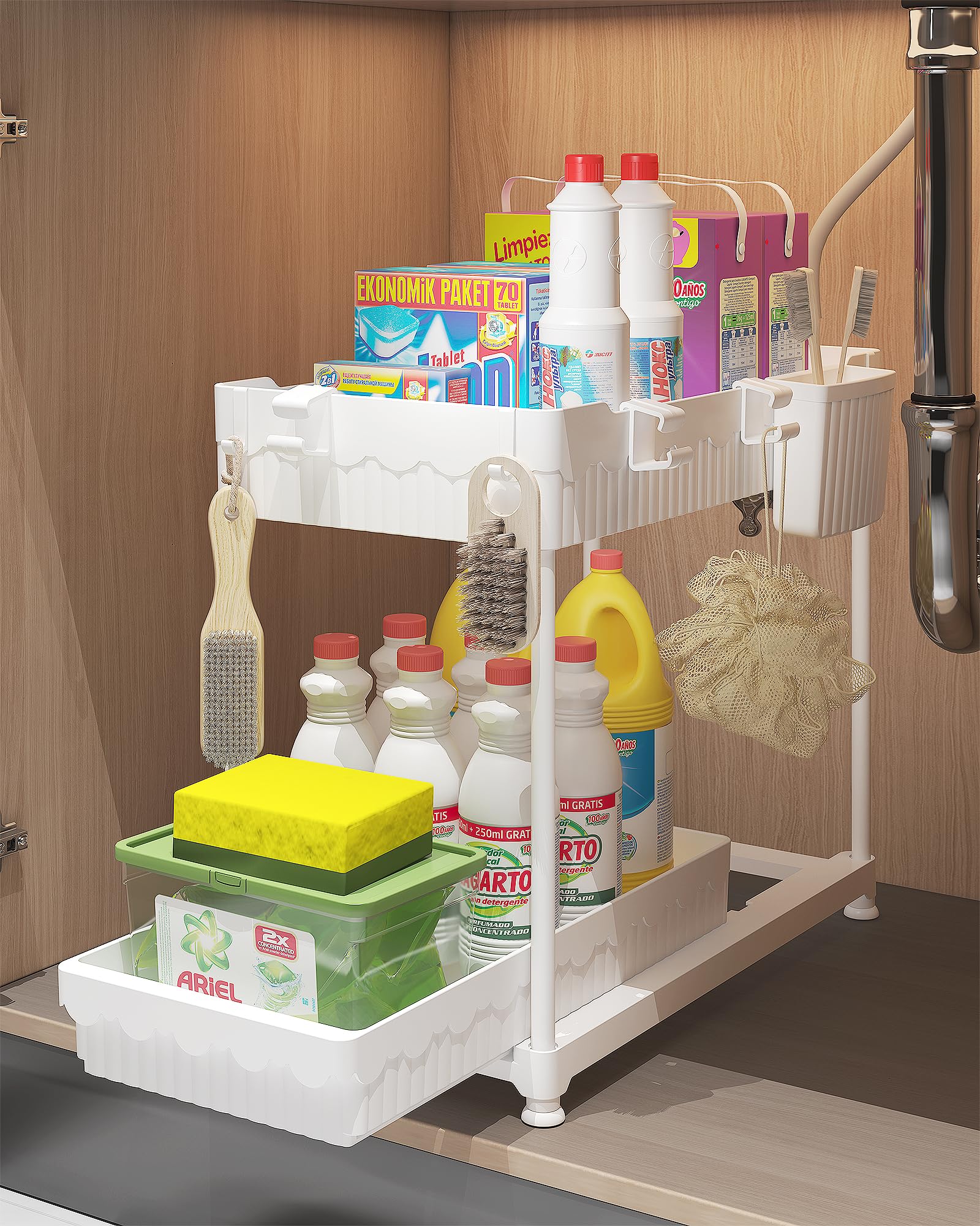 Sevenblue Under Sink Organizers and Storage, 2 Tier Sliding Bathroom organizer,Multi-Use Under Kitchen Cabinet Storage Shelf (White)