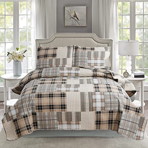 CHESITY King Size Quilt Set - Plaid & Stripe Bedding Sets, 3-Piece Brown Bedspread Sets, Reversible Lightweight, Grid Coverlet, Patchwork Soft Quilt for Bed (96" x 108")
