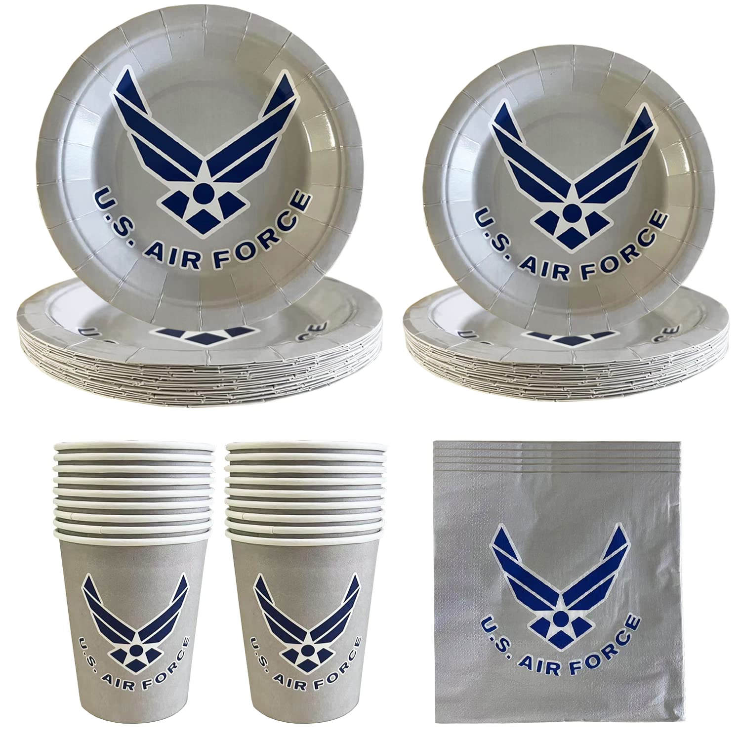 Air Force Theme Party Supplies,Memorial Day Veterans Day 4th Of July USAF Party Tableware Set Including Paper Plates Napkins Cups Serves 20 Guests
