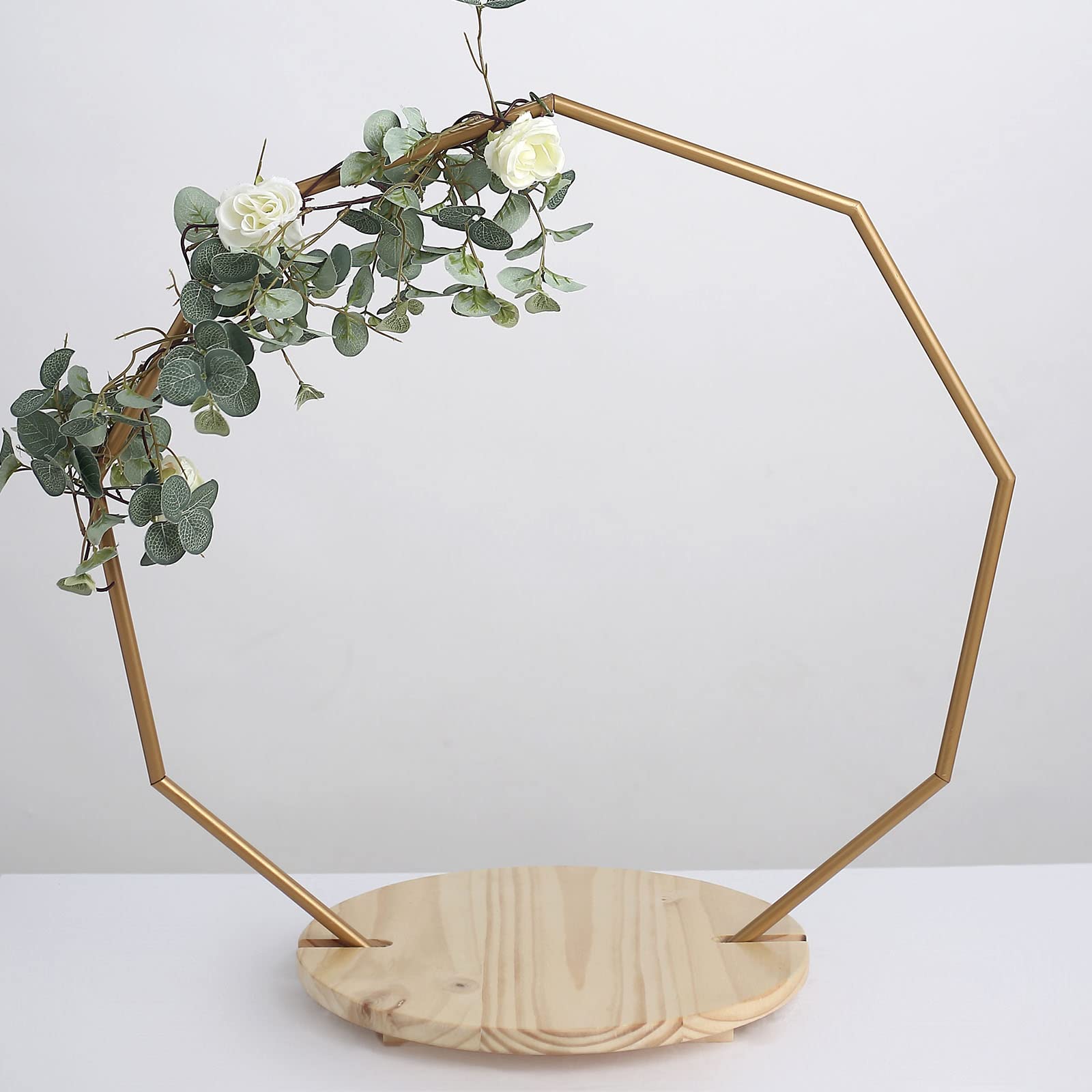 Gold 27-inch Geometric Nonagon Wood with Metal Arch Cake Display Stand Party Events Reception Decorations Supplies