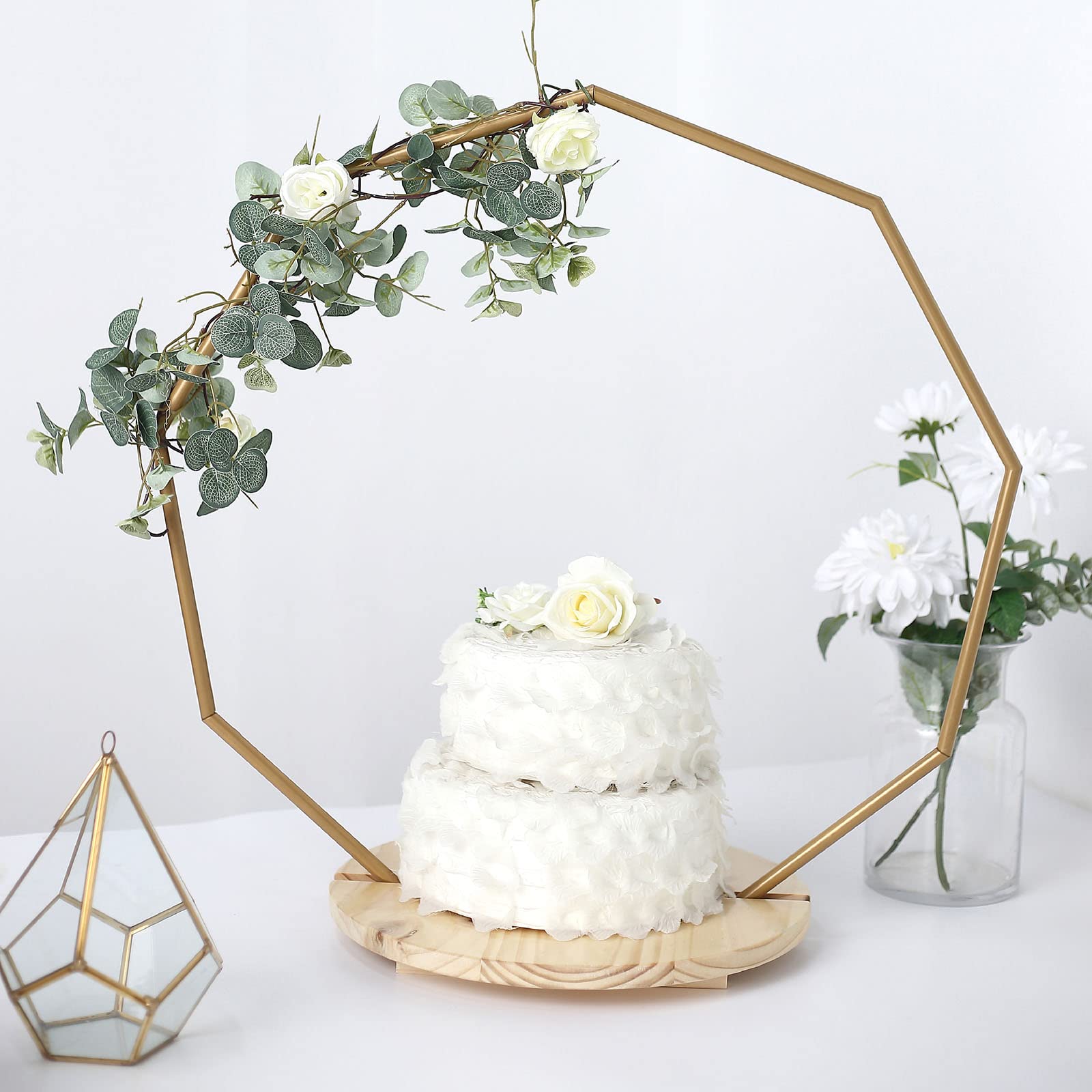 Gold 27-inch Geometric Nonagon Wood with Metal Arch Cake Display Stand Party Events Reception Decorations Supplies