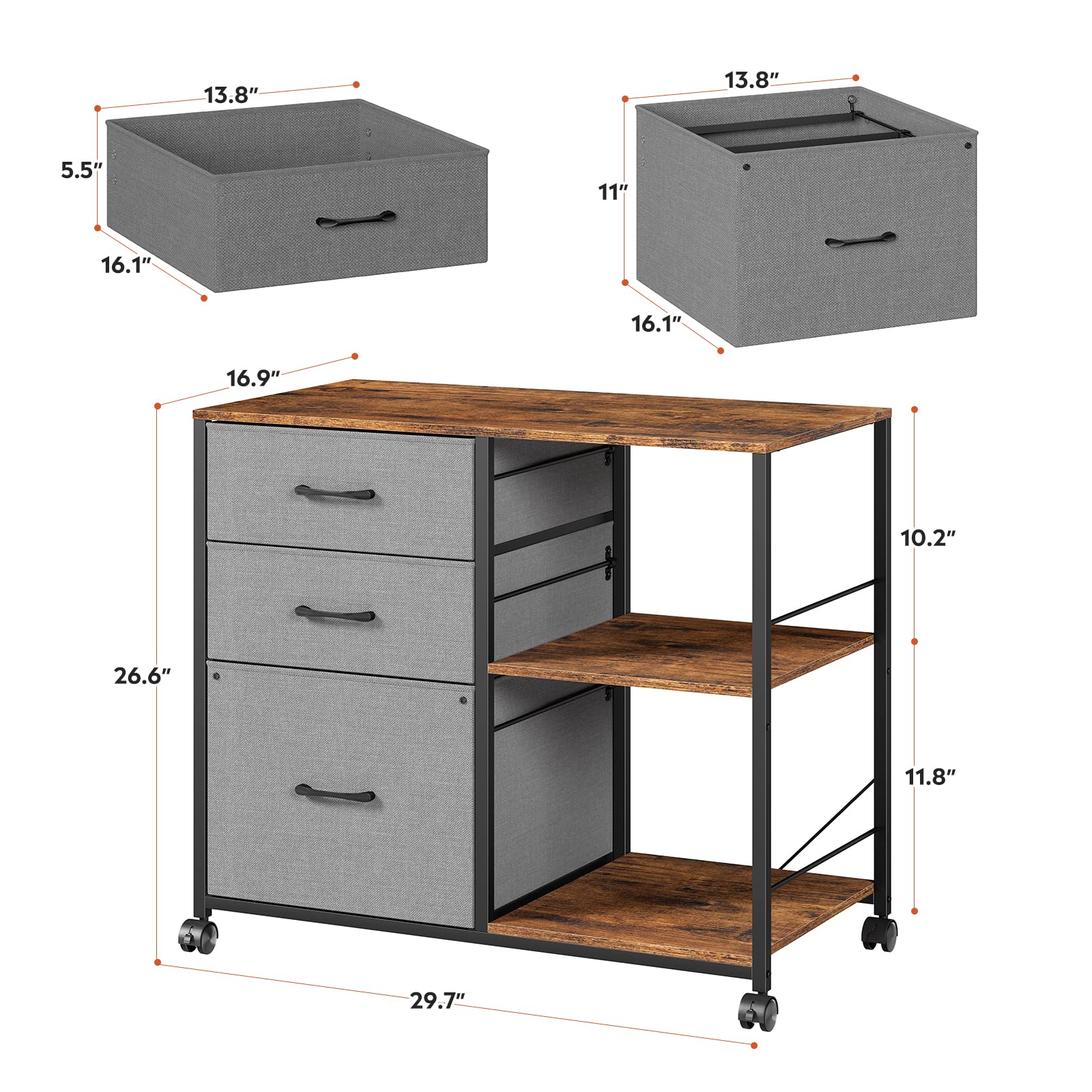 Raybee 3 Drawer File Cabinets Filing Cabinets for Home Office Mobile Lateral Office File Cabinet Rolling Printer Stand Fits for A4 Letter, Legal Size,26.6" H x 29.7" W x 16.9" D