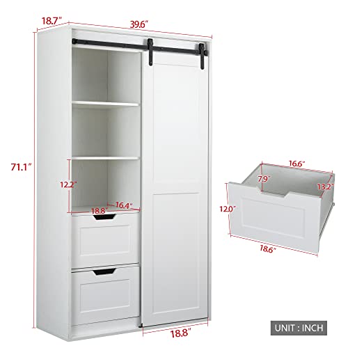 71 inch Tall Bedroom Armoire Wardrobe Closet Clothing Storage Cabinet with Hanging Rod Barn Door Drawers Open Shelves (White)