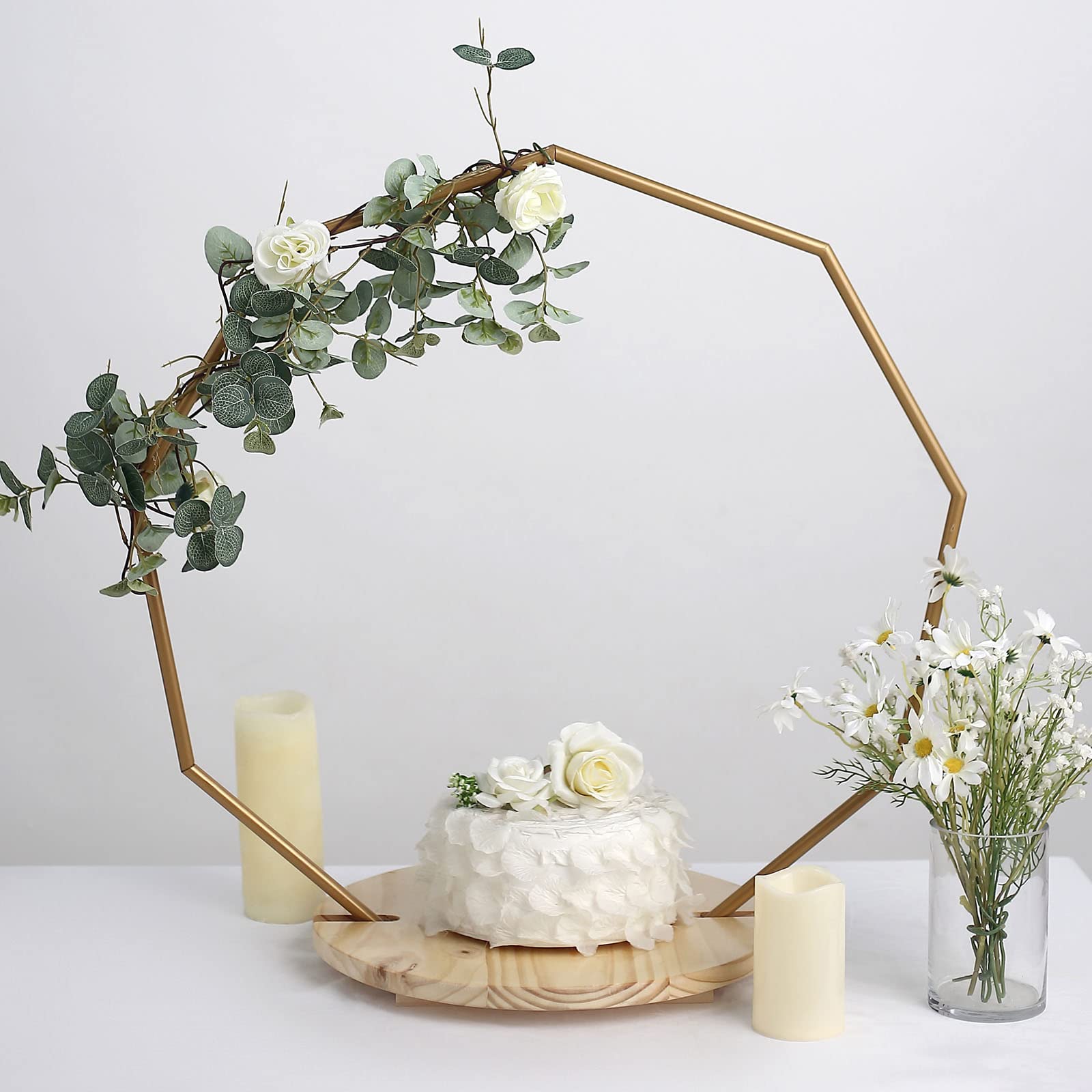 Gold 27-inch Geometric Nonagon Wood with Metal Arch Cake Display Stand Party Events Reception Decorations Supplies