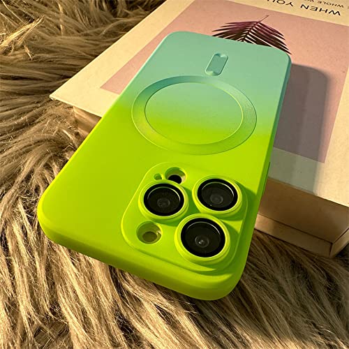 Ownest Compatible for iPhone 14 Pro Max Case with Magnetic Fitting for Magsafe Case Luxury Cute Soft Liquid Silicone Shockproof Full Camera Protector Cover Phone Case-Fluorescent Green