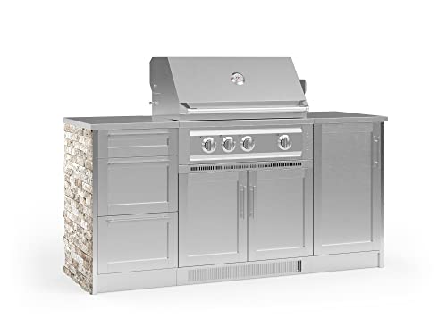 NewAge Products Signature Series 6 Piece Outdoor Kitchen Cabinet Set, Stainless Steel 4-Burner BBQ Liquid Propane Gas Grill, Compact Family Patio Barbecue Grilling Set, Ivory Travertine, 68213