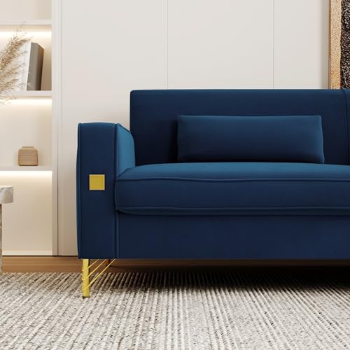 Velvet Sofa Couch Mid Century Modern Upholstered 3-Seater Loveseat with 2 Pillows and Armrest for Living Room, Apartment and Small Space, Retro Blue
