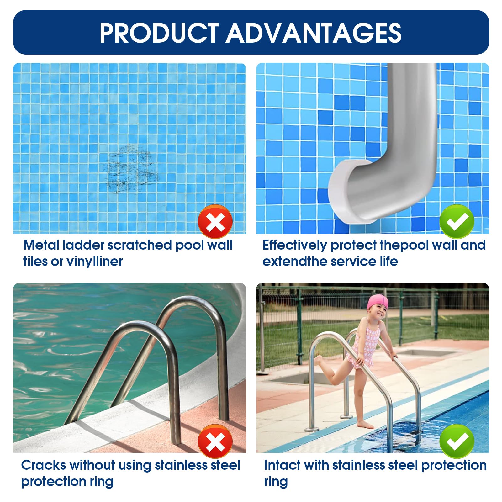 4 Pool Ladder Bumpers for Inground Pool & 4 Stainless Steel Pool Ladder Escutcheon Plates, Rubber Pool Ladder Inside Plug Bumper Caps & Pool Ladder Rings Fits 1.90β Pool Ladder Tubing (B)