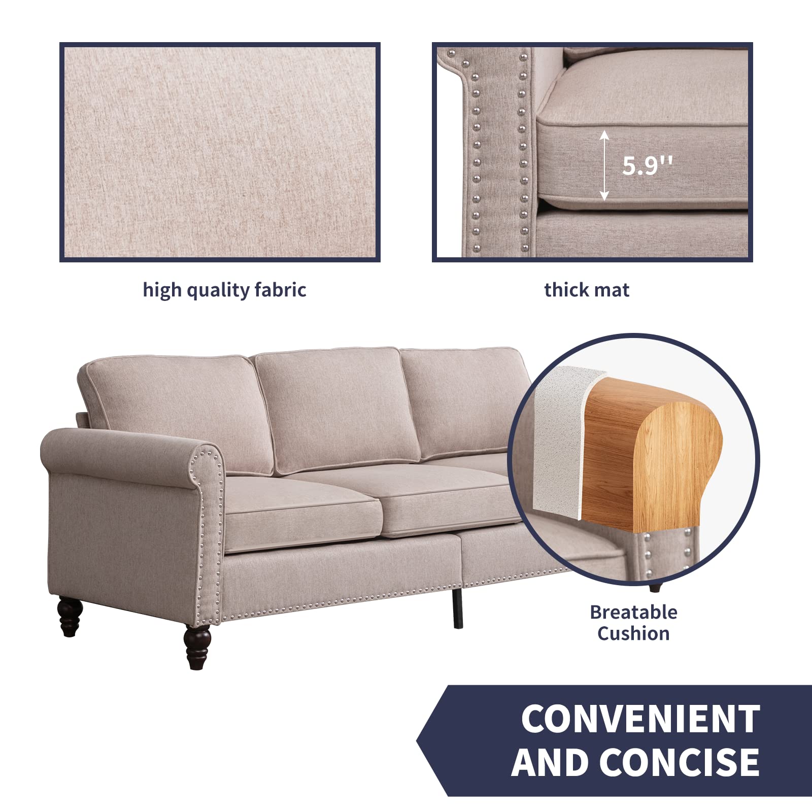 ZAFLY Sofa Couch, Beige 3 Seat Couches for Living Room, Mid Century Modern Couch with Solid Wood Frame and 4 Gourd Shapes Legs for Home/Office/Apartment