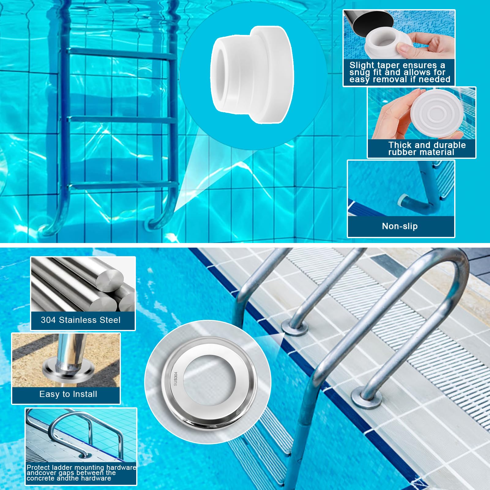 4 Pool Ladder Bumpers for Inground Pool & 4 Stainless Steel Pool Ladder Escutcheon Plates, Rubber Pool Ladder Inside Plug Bumper Caps & Pool Ladder Rings Fits 1.90β Pool Ladder Tubing (B)