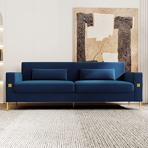 Velvet Sofa Couch Mid Century Modern Upholstered 3-Seater Loveseat with 2 Pillows and Armrest for Living Room, Apartment and Small Space, Retro Blue