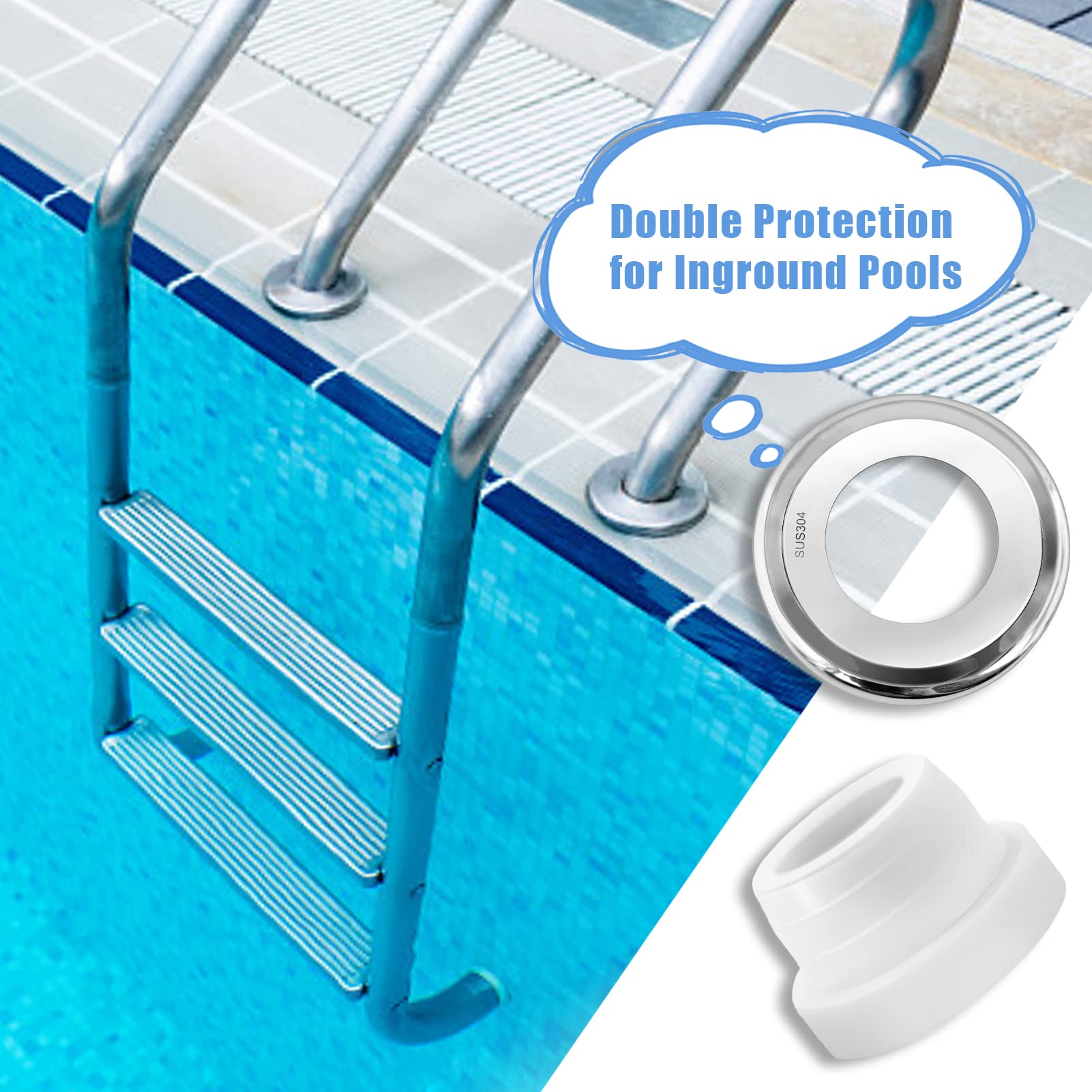 4 Pool Ladder Bumpers for Inground Pool & 4 Stainless Steel Pool Ladder Escutcheon Plates, Rubber Pool Ladder Inside Plug Bumper Caps & Pool Ladder Rings Fits 1.90β Pool Ladder Tubing (B)