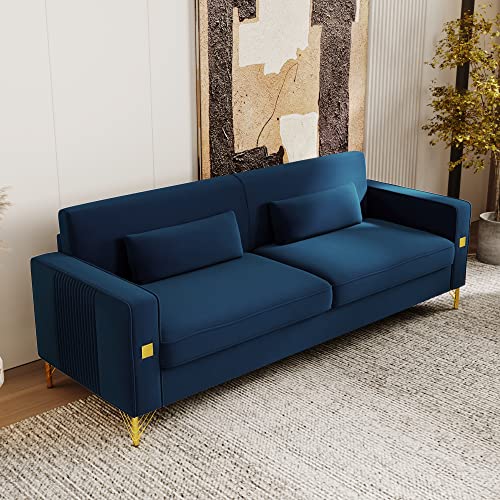 Velvet Sofa Couch Mid Century Modern Upholstered 3-Seater Loveseat with 2 Pillows and Armrest for Living Room, Apartment and Small Space, Retro Blue