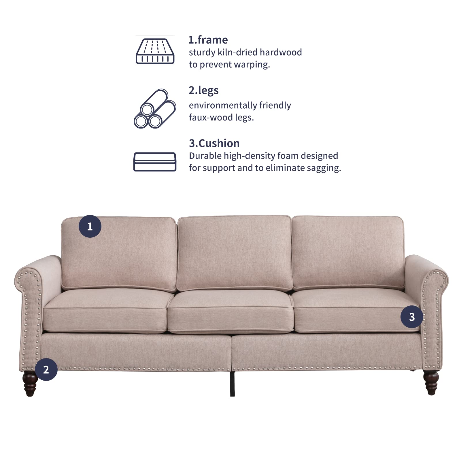 ZAFLY Sofa Couch, Beige 3 Seat Couches for Living Room, Mid Century Modern Couch with Solid Wood Frame and 4 Gourd Shapes Legs for Home/Office/Apartment