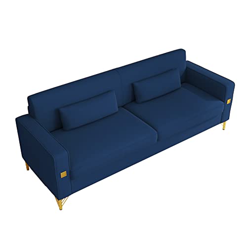 Velvet Sofa Couch Mid Century Modern Upholstered 3-Seater Loveseat with 2 Pillows and Armrest for Living Room, Apartment and Small Space, Retro Blue
