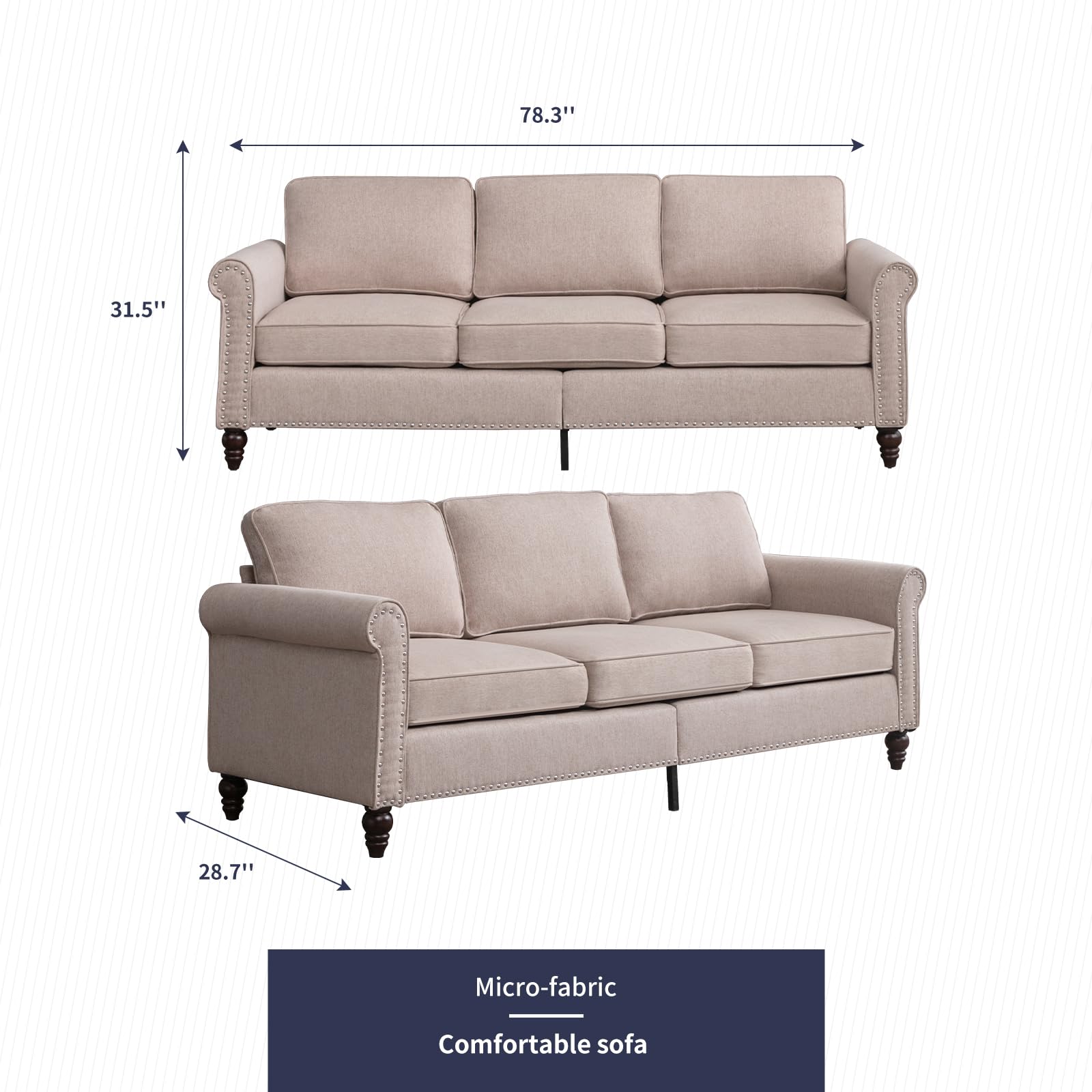 ZAFLY Sofa Couch, Beige 3 Seat Couches for Living Room, Mid Century Modern Couch with Solid Wood Frame and 4 Gourd Shapes Legs for Home/Office/Apartment