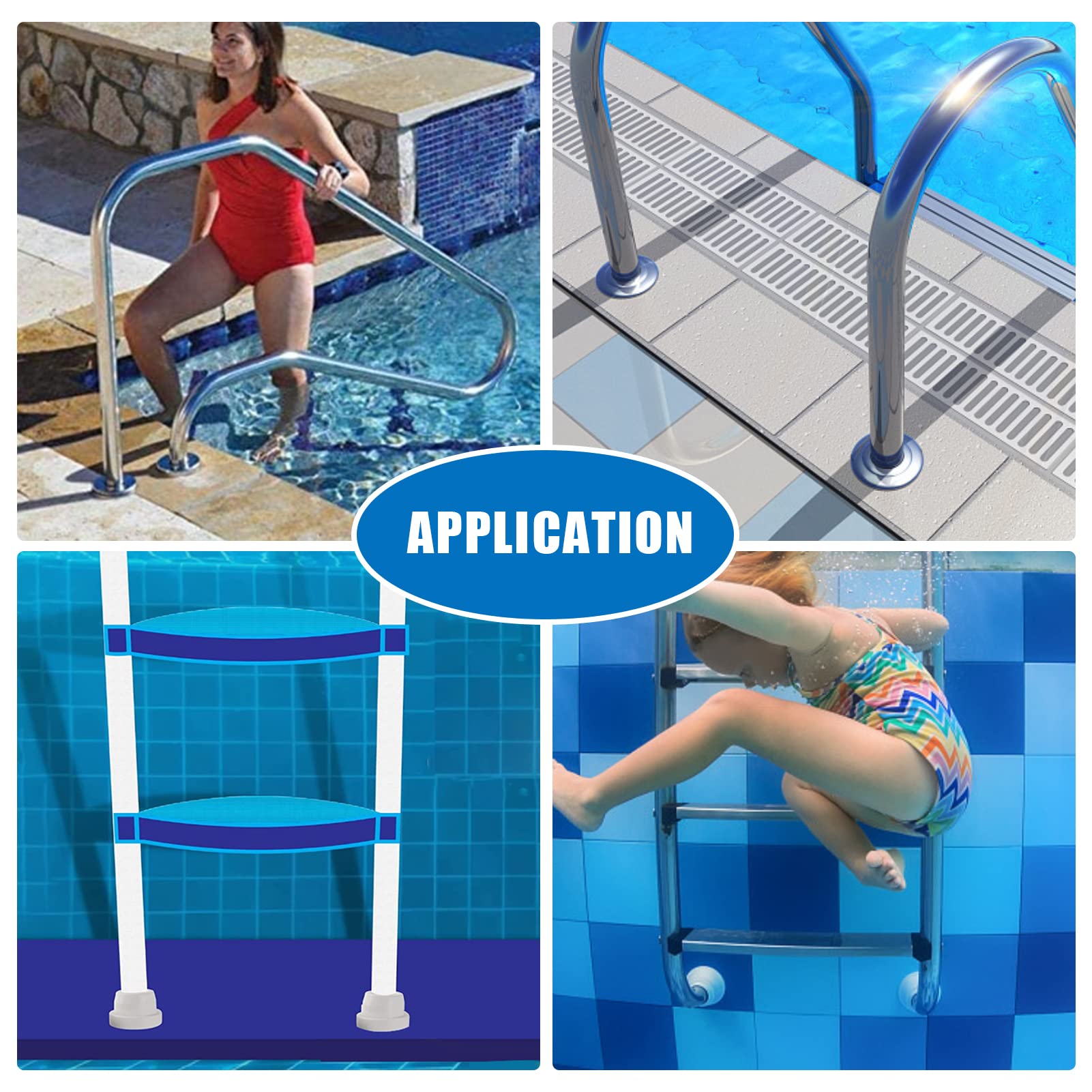4 Pool Ladder Bumpers for Inground Pool & 4 Stainless Steel Pool Ladder Escutcheon Plates, Rubber Pool Ladder Inside Plug Bumper Caps & Pool Ladder Rings Fits 1.90β Pool Ladder Tubing (B)