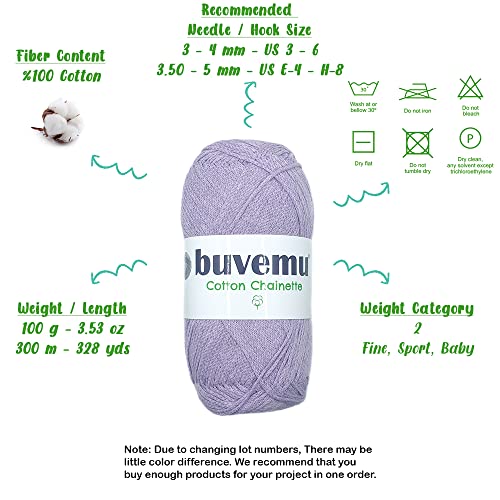 Buvemu Cotton Chainette Yarn, 100% Cotton Fine Weight for Knitting Crocheting, Summer Spring Yarn, 100 Gram (3.53 Ounces) 328 Yards (300 Meters) (Lilac)