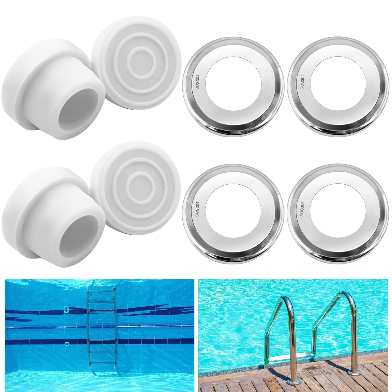4 Pool Ladder Bumpers for Inground Pool & 4 Stainless Steel Pool Ladder Escutcheon Plates, Rubber Pool Ladder Inside Plug Bumper Caps & Pool Ladder Rings Fits 1.90” Pool Ladder Tubing (B)