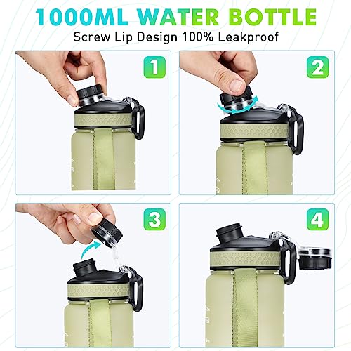SUPPRUI Water Bottle 34 oz,Motivational Drink Bottle with Time Marker,Leak-proof Drink Bottle BPA Free Non-Toxic for Running,Cycling & Gym (Yellow)