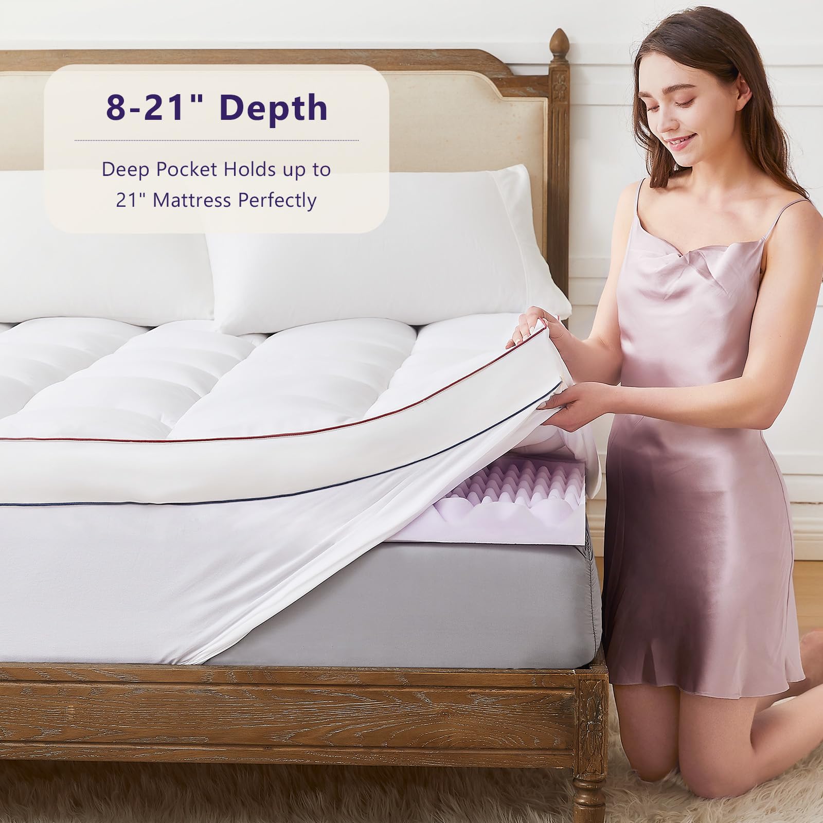 Homemate Memory Foam Mattress Topper King, Dual Layer 4 Inch Cooling Mattress Topper, 2 Inch Gel Memory Foam Plus 1800TC Mattress Pad Comfort Support, Pillow Top with 8-21 Inch Deep Pocket, White