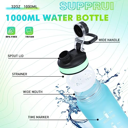SUPPRUI Water Bottle 34 oz,Motivational Drink Bottle with Time Marker,Leak-proof Drink Bottle BPA Free Non-Toxic for Running,Cycling & Gym(Pink)