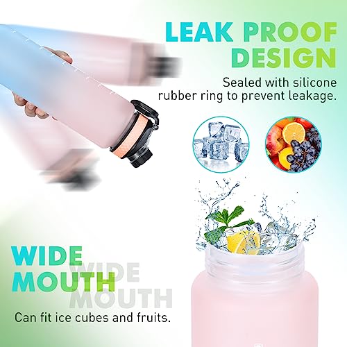 SUPPRUI Water Bottle 34 oz,Motivational Drink Bottle with Time Marker,Leak-proof Drink Bottle BPA Free Non-Toxic for Running,Cycling & Gym(Pink)