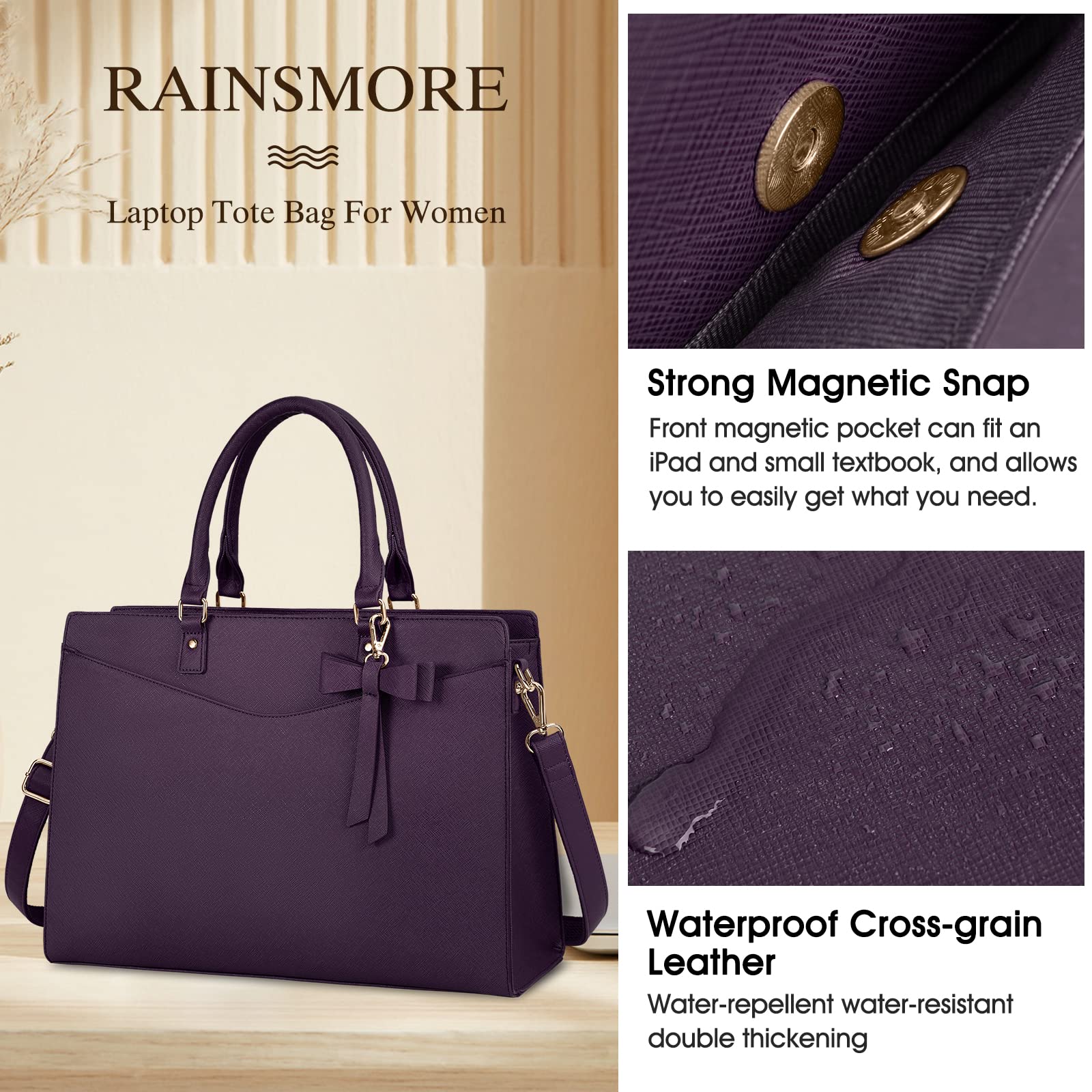 RAINSMORE Laptop Bag for Women 15.6 Inch PU Tote Bag Business Work Bag Waterproof Briefcase Computer Tote Lightweight Handbag Shoulder, Dark Purple