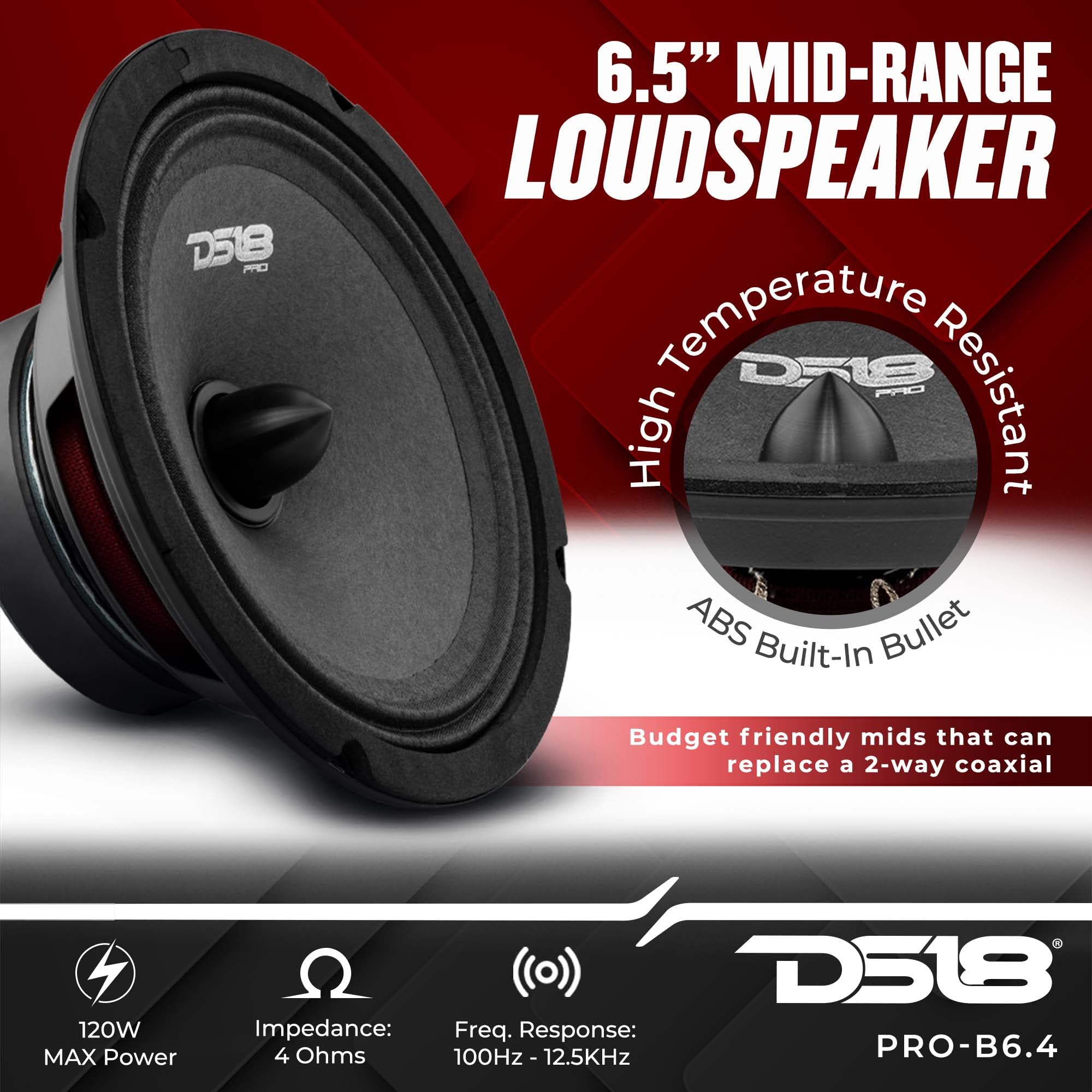 DS18 Bundle Car Speakers - 4X 6.5 Loudspeaker with Bullet 4-Ohm 120 Watts Peak & 4X 3β PRO Aluminum Super Bullet Tweeter 240 Watts Peak with Built in Crossover - Pro Car Audio Package Mid and High