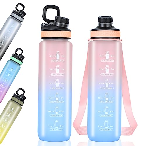 SUPPRUI Water Bottle 34 oz,Motivational Drink Bottle with Time Marker,Leak-proof Drink Bottle BPA Free Non-Toxic for Running,Cycling & Gym(Pink)