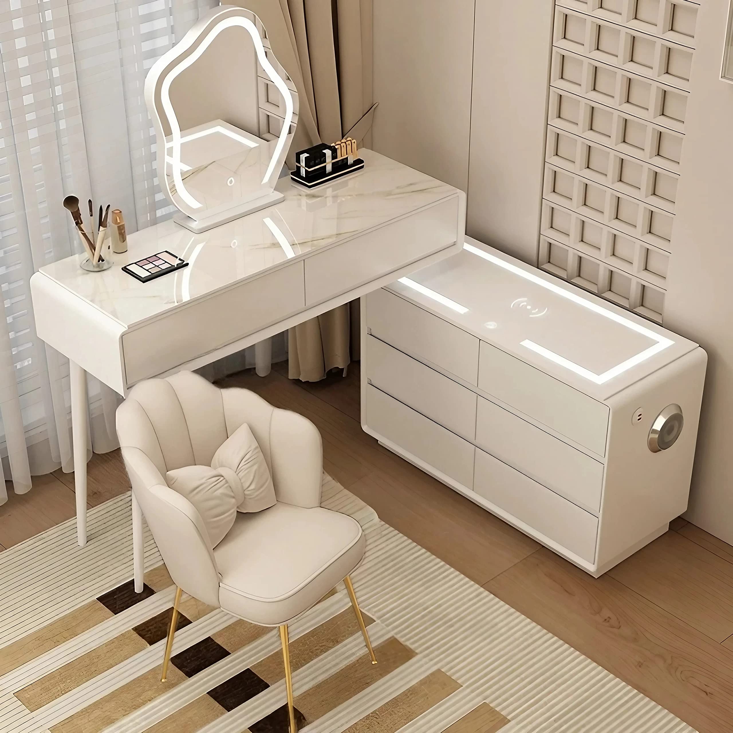 ZGNBSD Corner Vanity Set - Makeup Vanity Desk with Charging Station & Bluetooth Speaker, 8 Drawers Design, Including LED Vanity Mirror and Chair, L-white, 47''