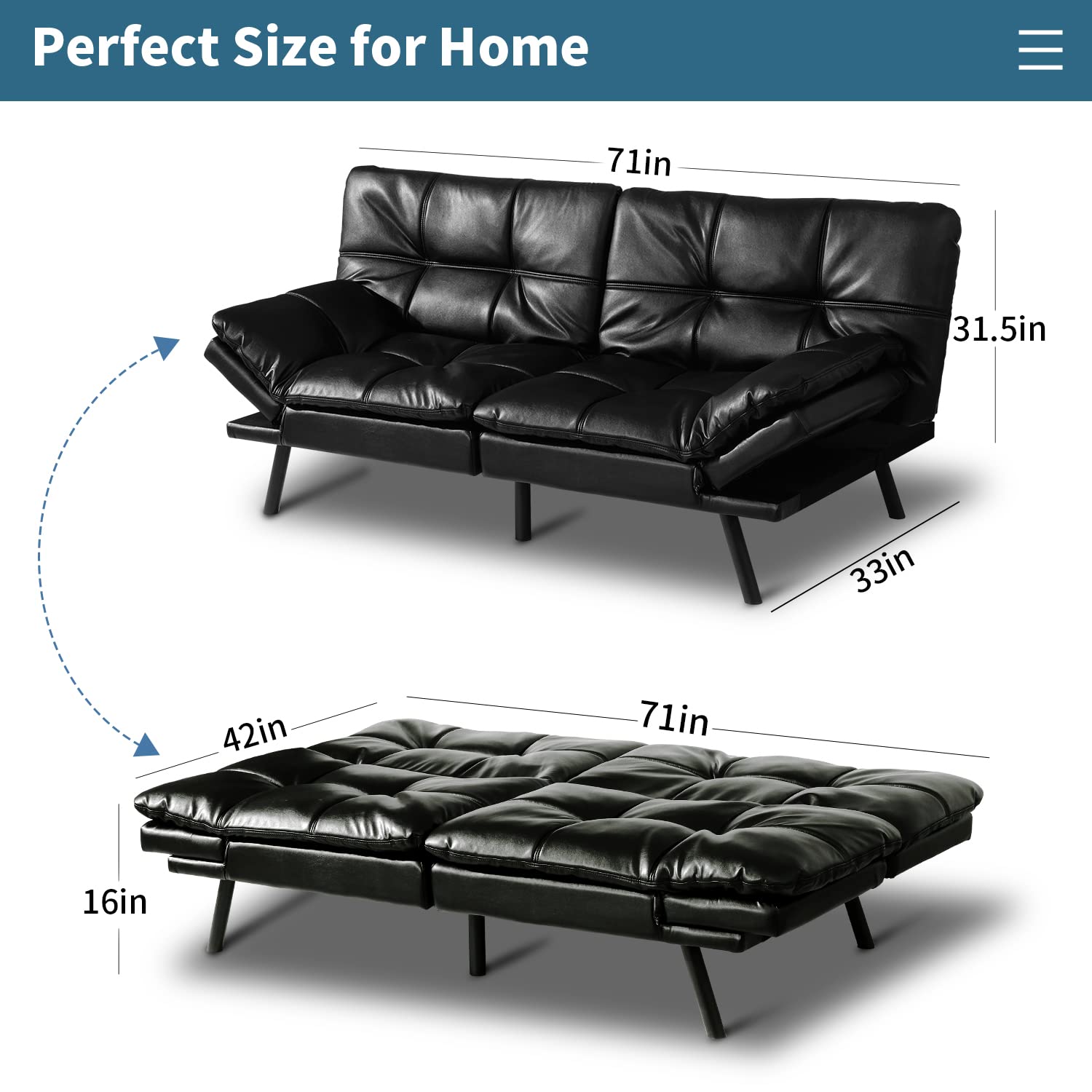 Opoiar Futon,Convertible Sofa Bed,Modern Futon Sofa Bed,Folding Loveseat Sofa,Sleeper Sofa,Futon Couch Bed,Adjustable Armrest&Backrest,Futon Sets for Compact Living Spaces,Apartment,Dorm,Office,Black