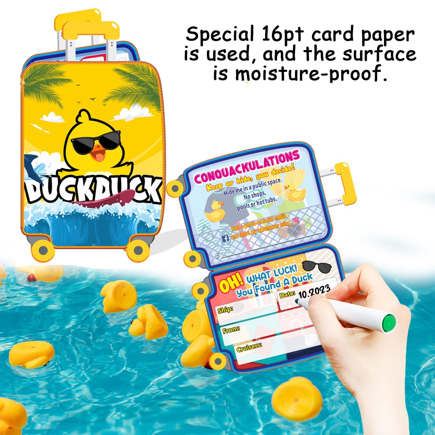 Waxvery Cruising Duck Tags - 35 Pack, Suitcase Shape Design, With Hole and Rubber Bands (Yellow)