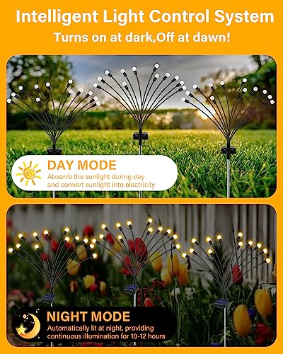 Solar Garden Lights [4 Pack 12 LED] New Upgraded Firefly Lights Solar Outdoor Waterproof Solar Powered Swaying Firefly Garden Lights for Landscape Pathway Patio Yard Walkway Decoration, Warm White