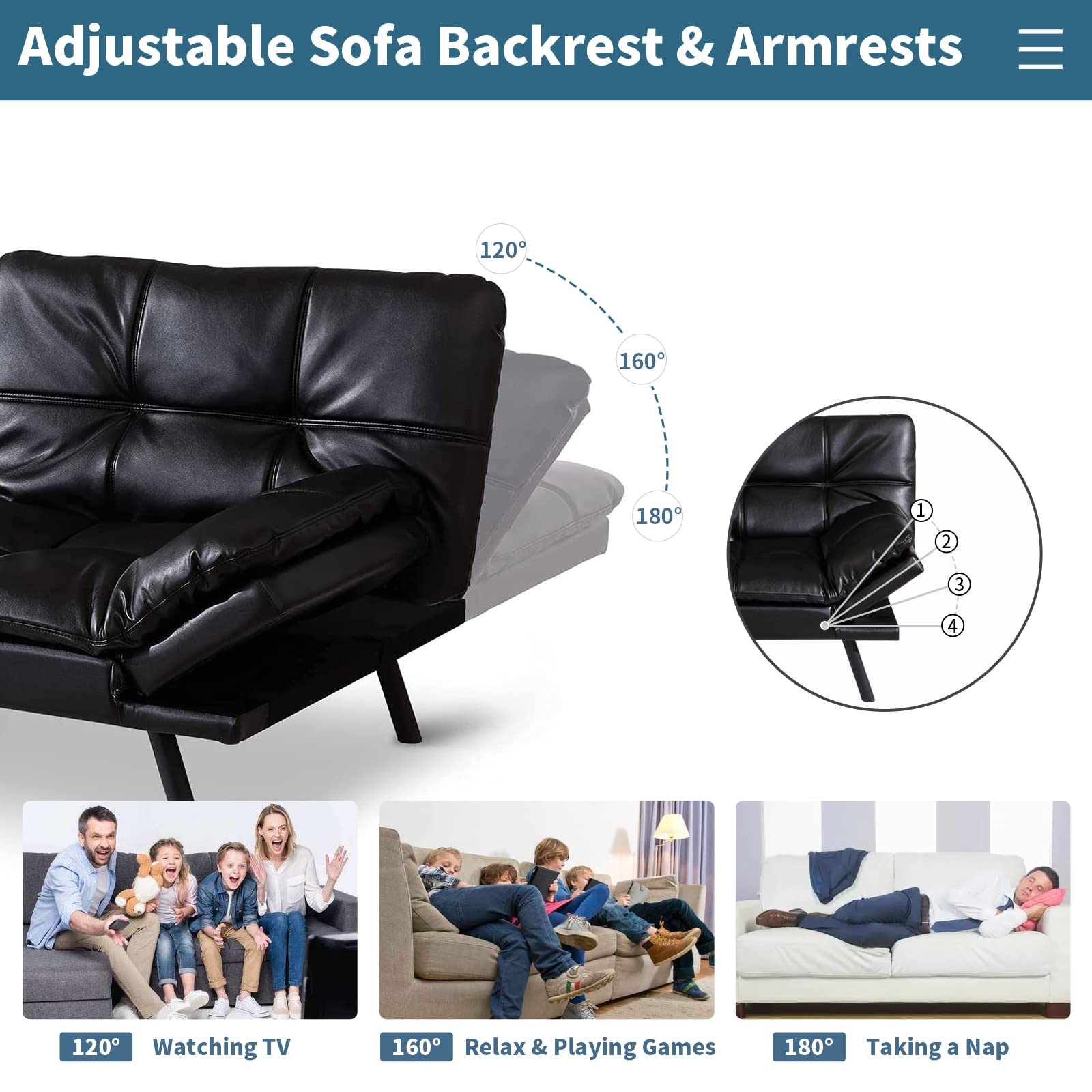 Opoiar Futon,Convertible Sofa Bed,Modern Futon Sofa Bed,Folding Loveseat Sofa,Sleeper Sofa,Futon Couch Bed,Adjustable Armrest&Backrest,Futon Sets for Compact Living Spaces,Apartment,Dorm,Office,Black
