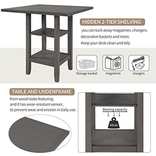 FANYE 5-Piece Counter Height Kitchen & Dining Room Dinette Furniture Sets Include Wooden Square Table with Bottom Storage Shelves and 4 Upholstered Back Chairs for 4 Persons Family Meal,Gray, Grey