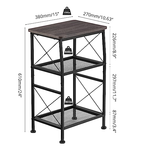 ruboka 3-Tier Small End Tables,Narrow Side Table with Steel Grid Storage Shelves,Slim Nightstand X-Design Sofa Side Table Small Bookshelf Bookcase,Display Rack for Living Room,Bedroom (Grey)