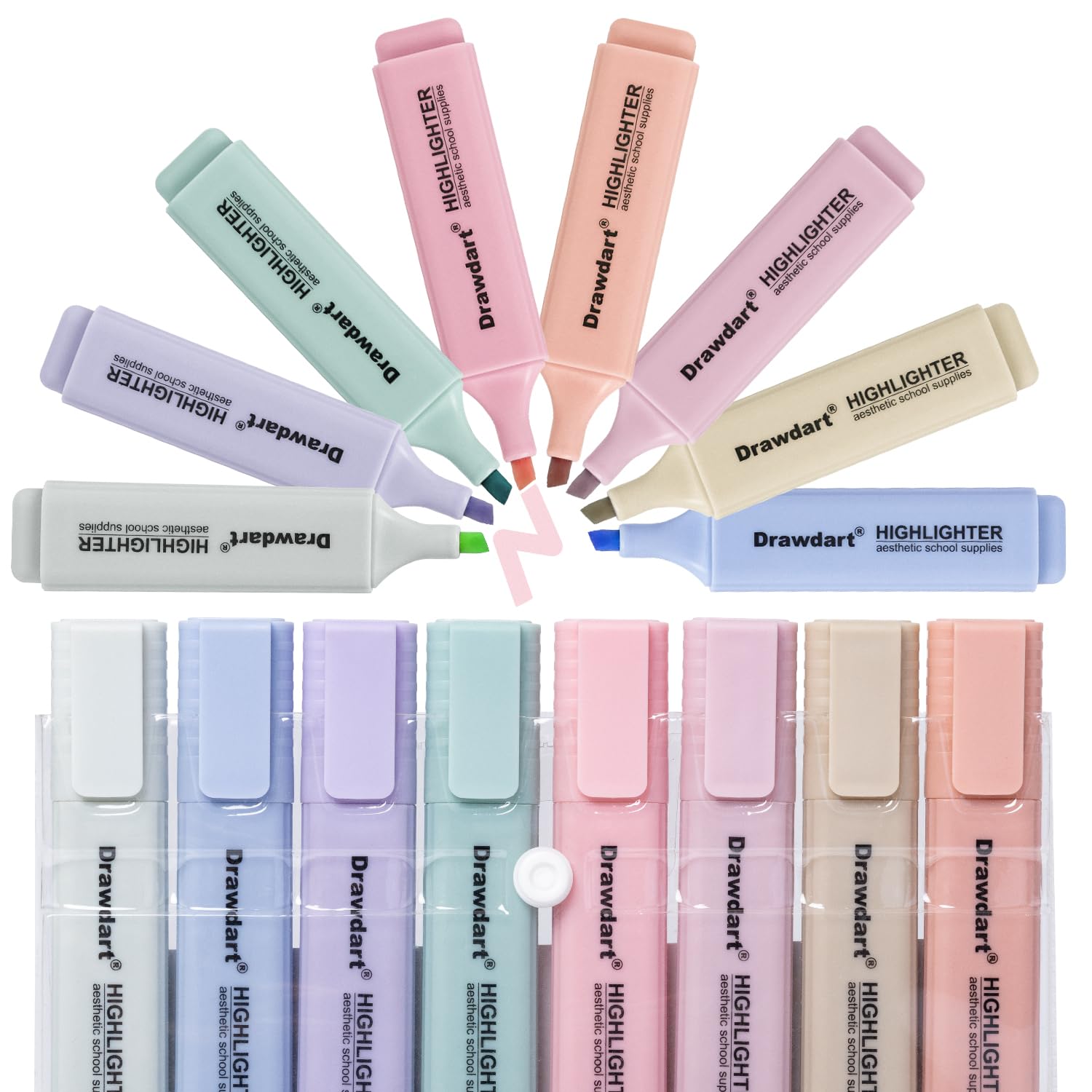 Drawdart Highlighters, 8pcs Assorted Pastel Colors, Cute No Bleed Highlighter Pens for School and Office, Chisel Tip Aesthetic Highlighters Quick-Dry, Perfect for Bible Study Journaling