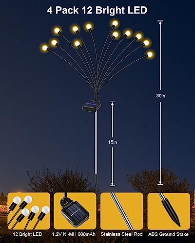 Solar Garden Lights [4 Pack 12 LED] New Upgraded Firefly Lights Solar Outdoor Waterproof Solar Powered Swaying Firefly Garden Lights for Landscape Pathway Patio Yard Walkway Decoration, Warm White