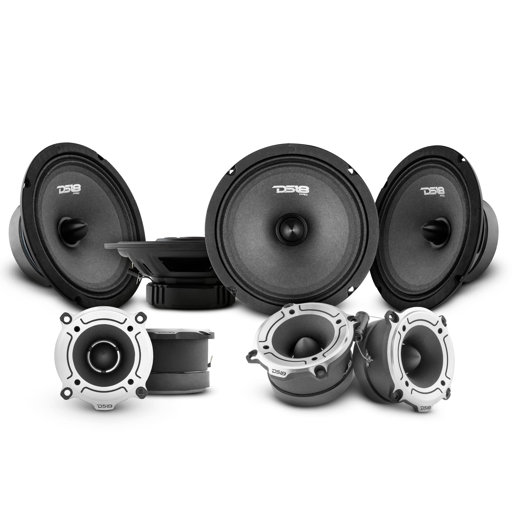 DS18 Bundle Car Speakers - 4X 6.5 Loudspeaker with Bullet 4-Ohm 120 Watts Peak & 4X 3β PRO Aluminum Super Bullet Tweeter 240 Watts Peak with Built in Crossover - Pro Car Audio Package Mid and High