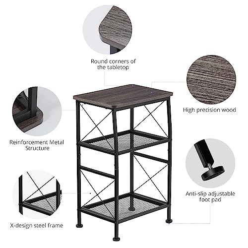 ruboka 3-Tier Small End Tables,Narrow Side Table with Steel Grid Storage Shelves,Slim Nightstand X-Design Sofa Side Table Small Bookshelf Bookcase,Display Rack for Living Room,Bedroom (Grey)